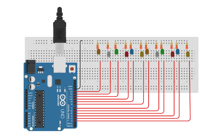 Circuit design Secuencia Leds If | Tinkercad