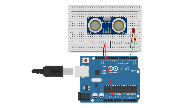 Circuit design HC-SR04 - Tinkercad