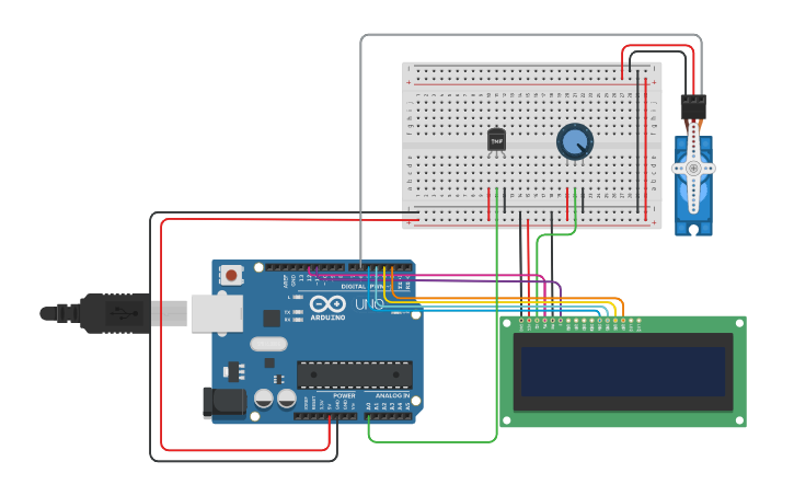 Circuit design temp sensors with servo and LCD - Tinkercad