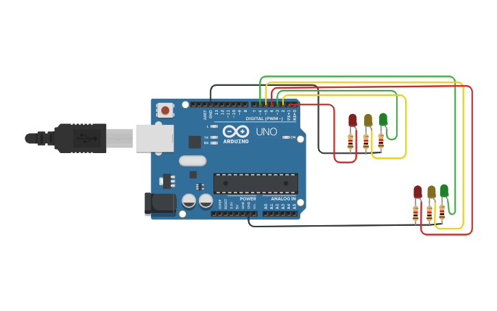 Circuit design two-way traffic light system - Tinkercad