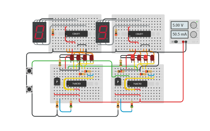 Circuit design Counter 74HC93+CD4511 - Tinkercad