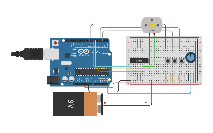 Circuit design DC Motor With buttons Pull up - Tinkercad