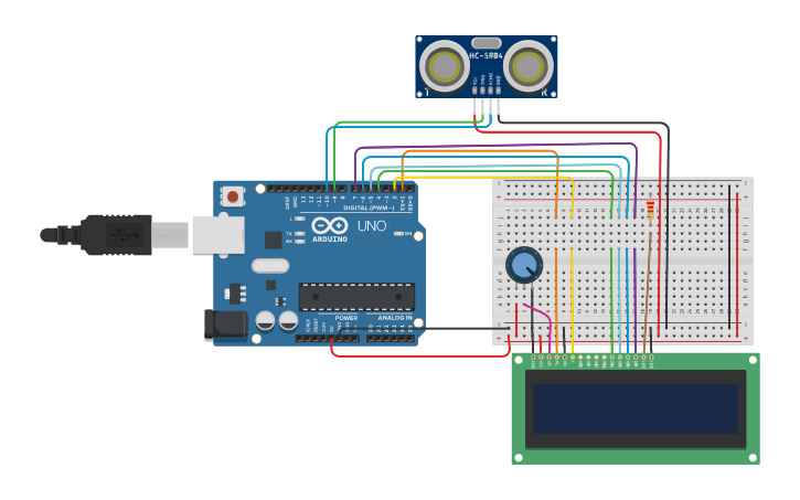 Circuit design Ultrasonic distance sensor with LCD display - Tinkercad