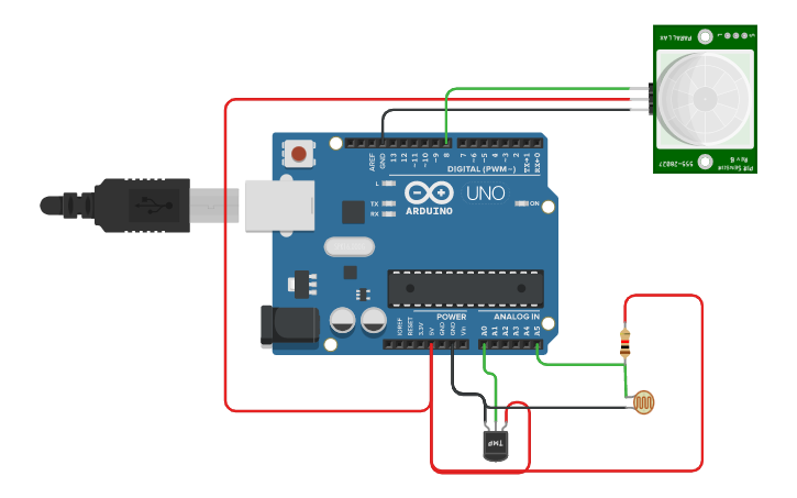 Circuit design Temperature, PIR, and LDR with Arduino | Tinkercad