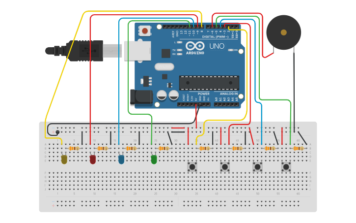 Circuit design Game Genius (4 comandos) - Tinkercad