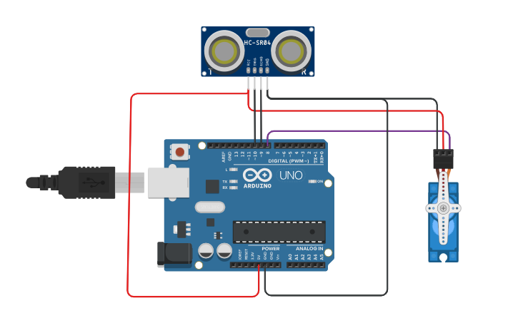 Circuit design Uno R3 สร้างถังขยะอัตโนมัติ AUTO - Tinkercad