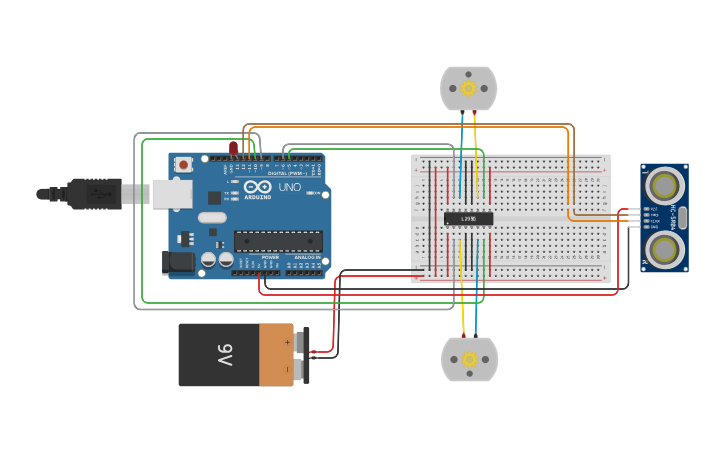 Circuit design Circuito Motores CC y sensor de distancia | Tinkercad