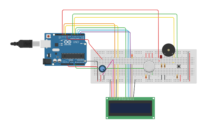 Circuit design Smoke detector with led and LCD Display - Tinkercad