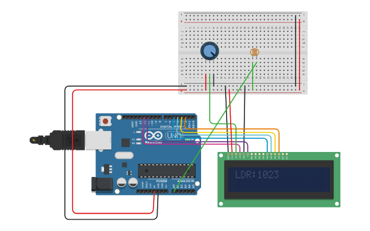 Circuit design LDR LCD - Tinkercad