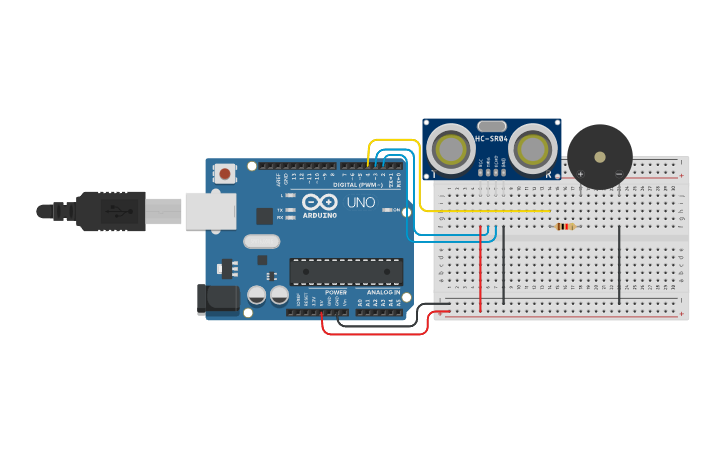 Circuit design Ultrasonic sensor with piezo - Tinkercad