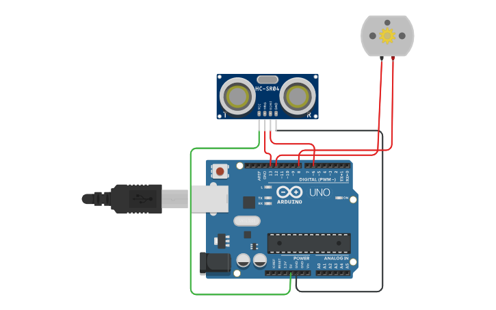 Circuit design Ultrasonic Sensor with DC - Tinkercad
