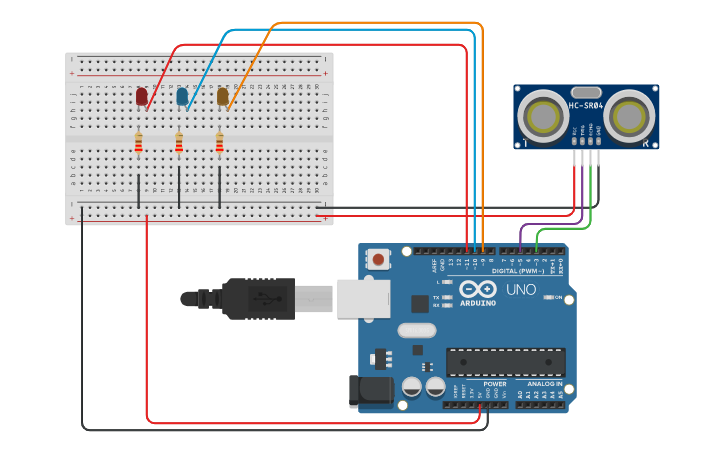 Circuit design Sensor ultra sonido con Leeds - Tinkercad