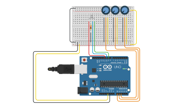 Circuit design RGB Potentiometer - Tinkercad