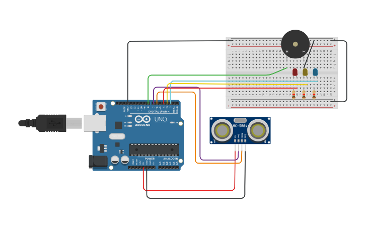 Circuit design Ultrasonic Sensor with 3led buzzer - Tinkercad