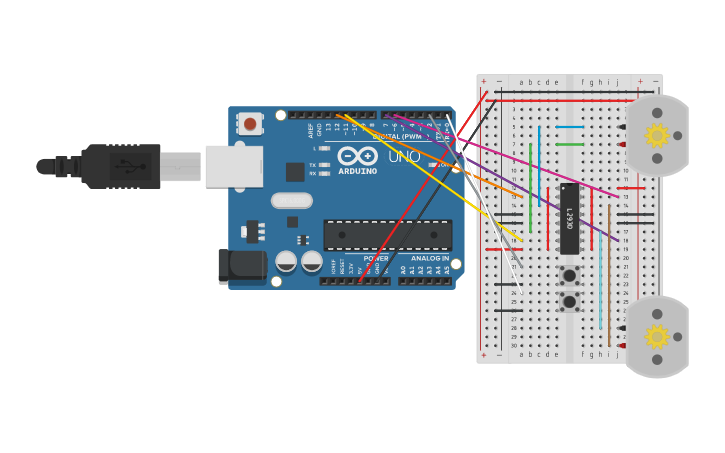 Circuit design DC Motor and Push Button - Tinkercad