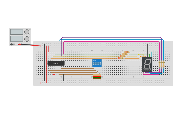 Circuit design Display 7 segmentos Cátodo - Tinkercad