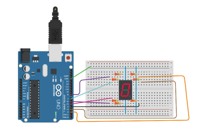 Circuit design Practica5c. Display 7 segmentos III | Tinkercad