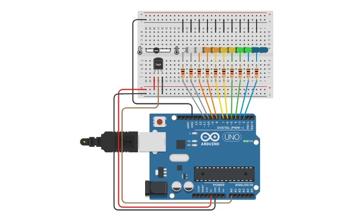 Circuit design Teste Temperatura LED "Bargraph" - Tinkercad