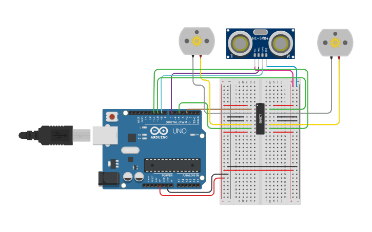 Circuit design PERFORMANCE TASK 5: CONTROLLING SPEED AND DIRECTION USING L298N - Tinkercad