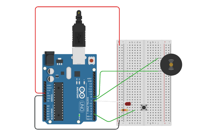 Circuit design Buzzer with Led and Switch - Tinkercad