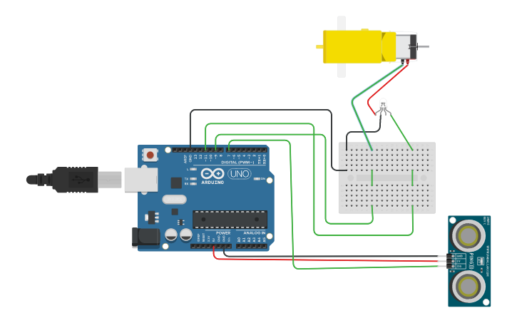 Circuit design motor controller using ultrasonic - Tinkercad