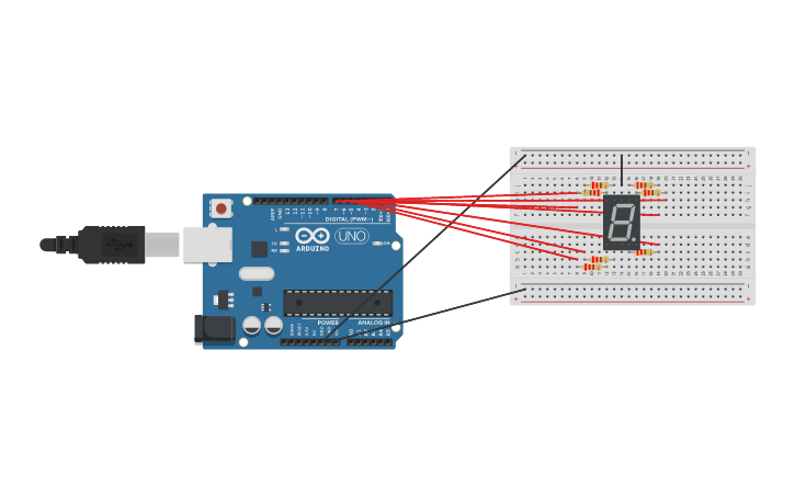 Circuit design 7-segment w/o decoder - Tinkercad