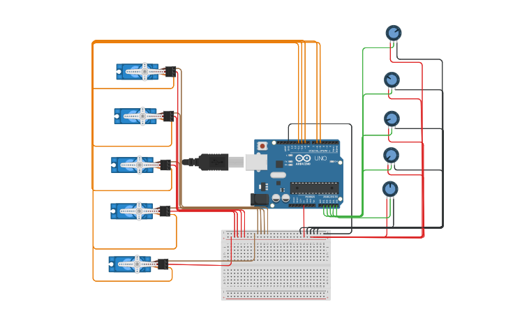 Circuit Design 5 Servos With Potentiometer Tinkercad