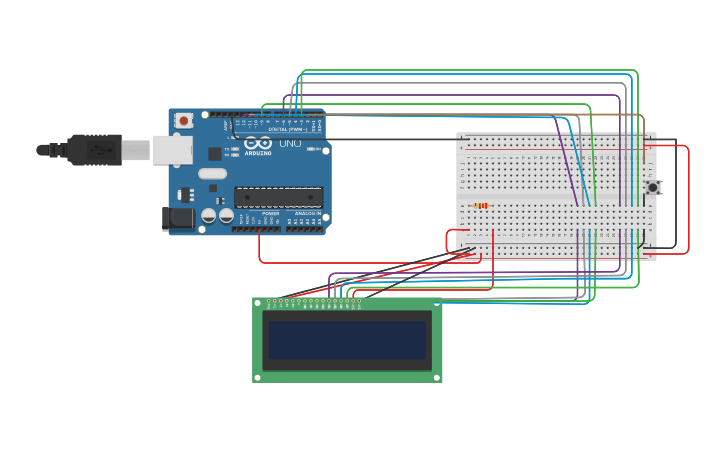 Circuit design Jogo com tela LCD e um botão | Tinkercad