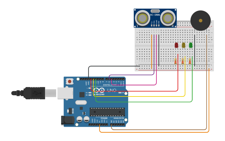Circuit design Sensor de distancia con sonido - Tinkercad