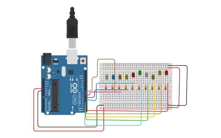 Circuit design 10 LED LIGHTS - Tinkercad