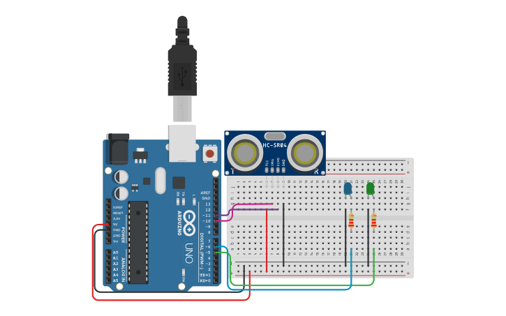 Circuit design Ultrasonic with LEDs | Tinkercad