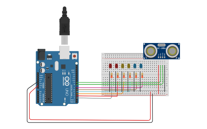 Circuit design implementacion de 6 leds con sensor ultrasonico con ...