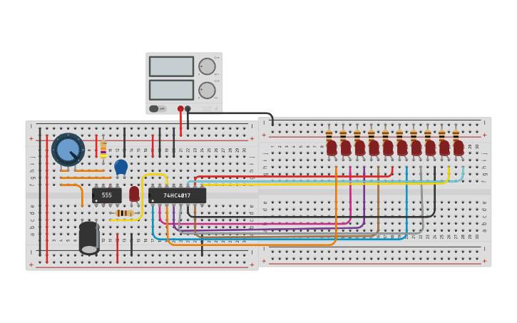 Circuit design Lógica Cableada Con 555 Y 4017 - Tinkercad