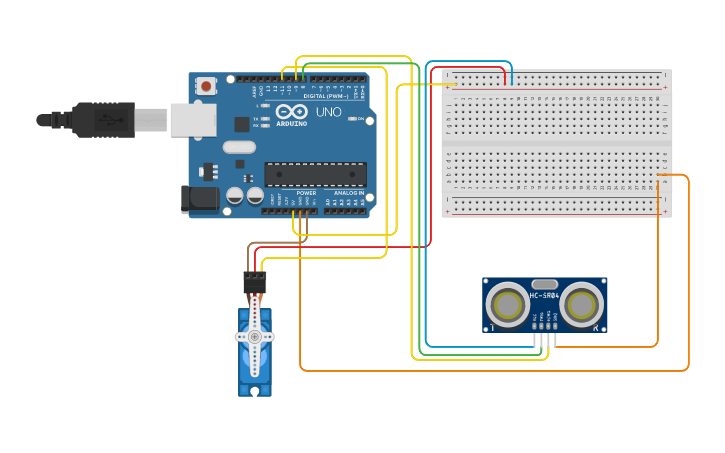 Circuit Design серво привод и датчик растояния Tinkercad