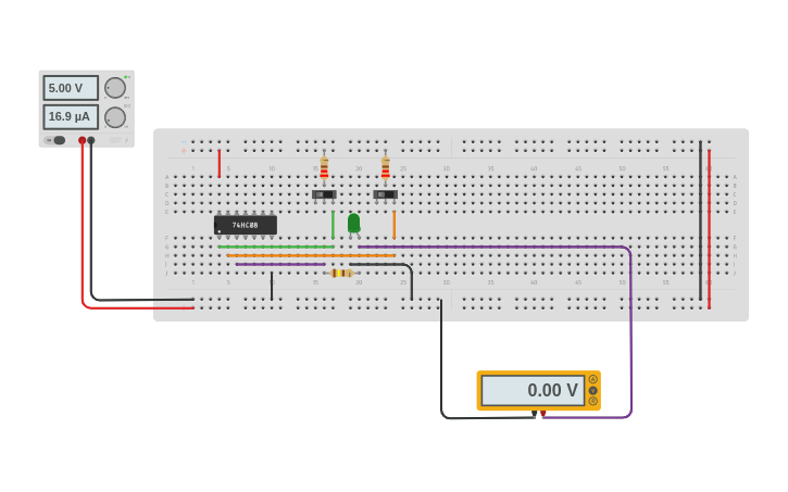 Circuit design Exemplo 02 - CIRCUITO 74HC08 - Entrada Interruptor Deslizante - Tinkercad