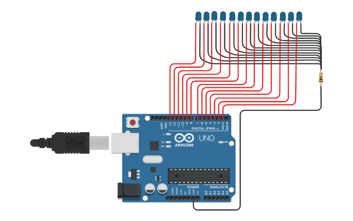 Circuit design Ep7. Arduino Control 13 LEDs Chaser - Tinkercad