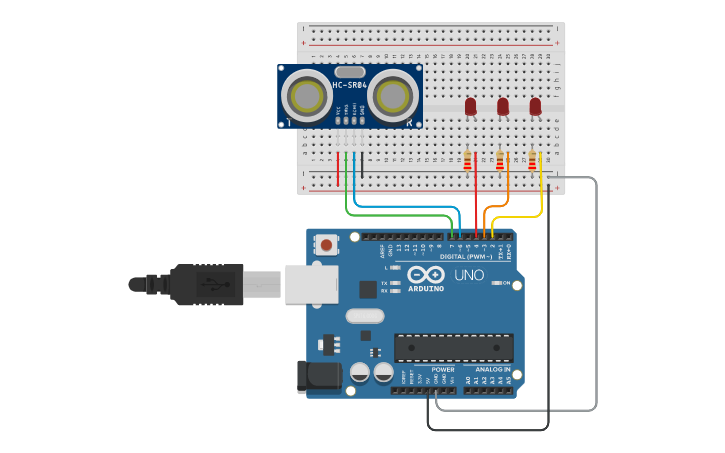 Circuit design 6. Sensor de Distancia Ultrasónico | Tinkercad