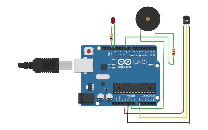 Circuit design Temperature Sensor using Buzzer and Led - Tinkercad