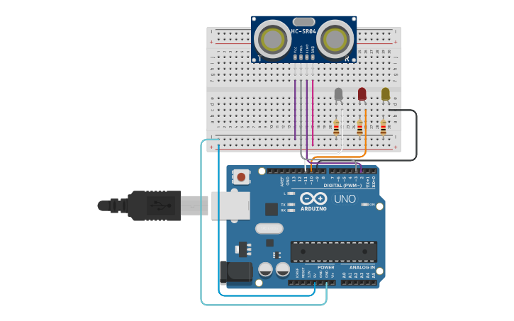 Circuit design ultrasonic with led - Tinkercad