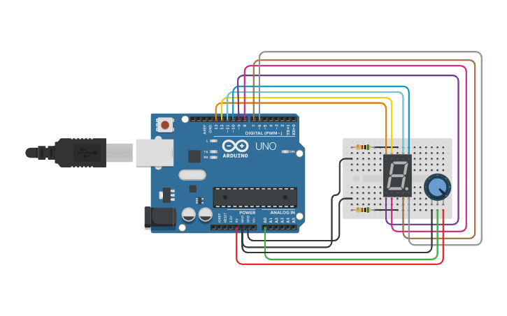 Circuit design Arduino 7 Segment Display with Potentiometer - Tinkercad