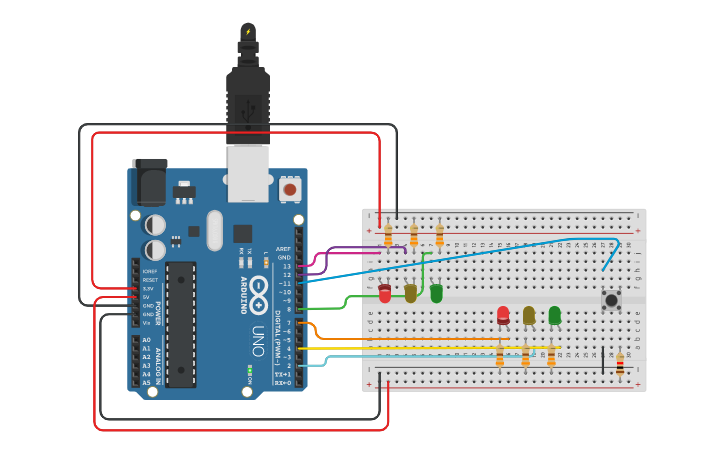 Circuit design Traffic Light Push Button - Tinkercad