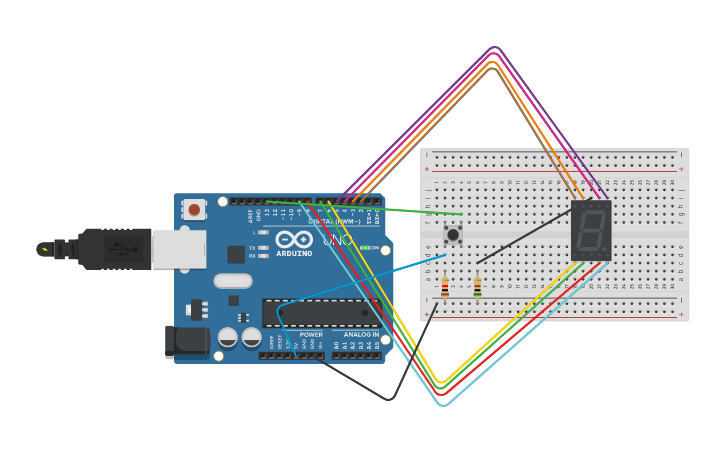 Circuit design Dado Eletrônico com visor de 7 segmentos - Tinkercad