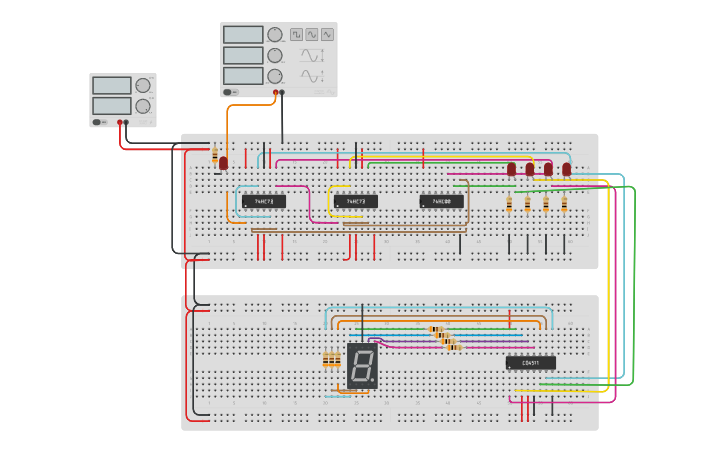 Circuit design Asyn BCD counter using JK flip-flop | Tinkercad