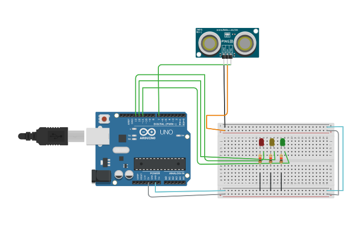 Circuit design Sensor de proximidad con leds - Tinkercad