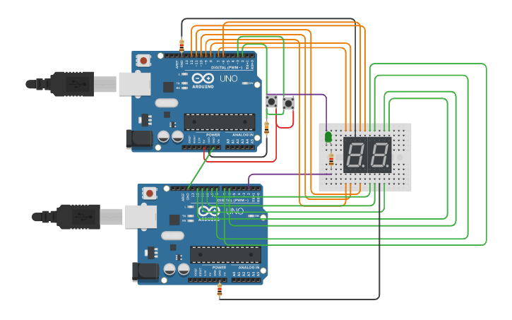 Circuit design Contador com 2 Arduino e 2 display - Tinkercad