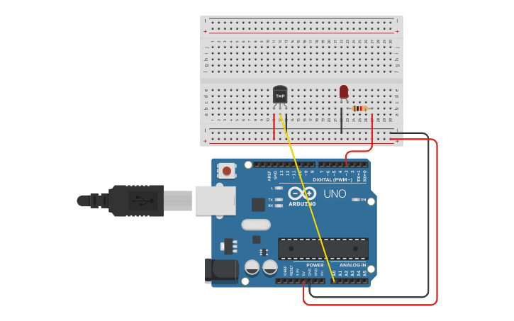 Circuit design Temp Sensor with LED - Tinkercad