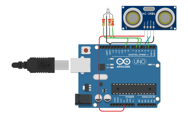 Circuit design Copy of HC-SR04 & RGB Led using Code Blocks - Tinkercad