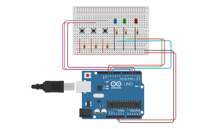 Circuit design Botões e LEDs Arduino | Tinkercad