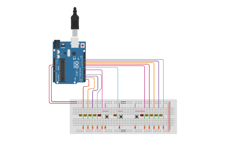 Circuit design Leds pulsador | Tinkercad