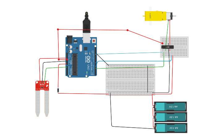 Circuit design Soil moisture and pump - Tinkercad